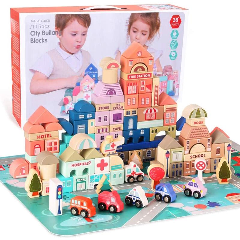 115 PCS Wooden Building Blocks with City Map Construction Building ...
