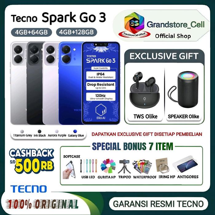 Jual TECNO SPARK GO 3 [4/64 GB] [4/128 GB] - Unisoc T7250, IP64 ...