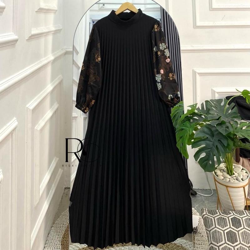 Rayya Long Dress Gamis Plisket Premium Motif Bunga Casual Panjang ...