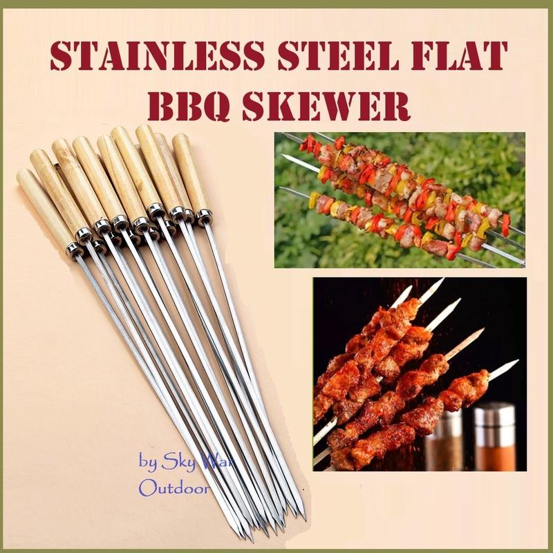 37cm Flat BBQ SKEWER Reusable Barbecue Skewer Wooden Handle Stainless ...