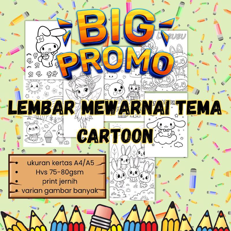 [15-50 Lembar] Lembar Gambar Mewarnai Anak Tema Cartoon Kertas HVS 75 ...
