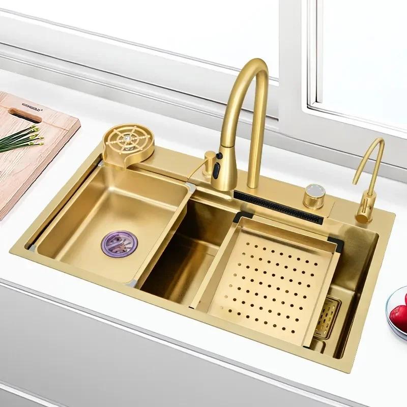 Sinki Air Terjun Dapur, Keluli Tahan Karat 304 Emas, Sinki dengan ...