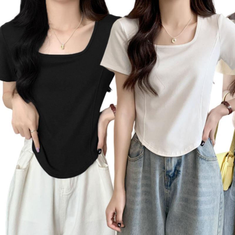 U Neck Tops Double Lining For Women Short Sleeve Tee Korean Fashion ...