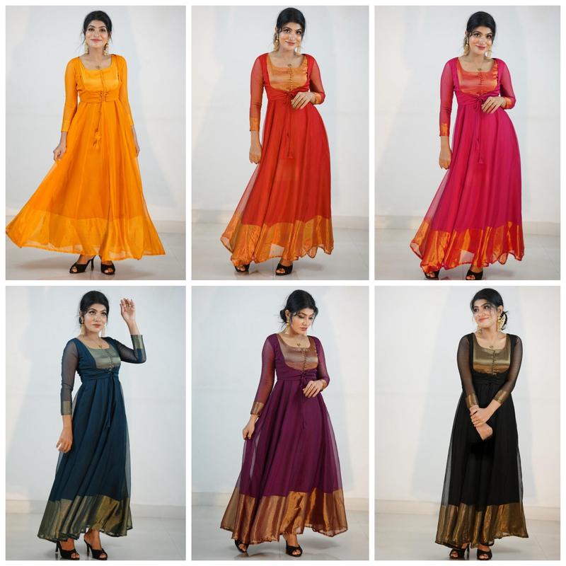 Elegant Chiffon Golden Zari weaving Gown with Koti/Jacket. (Suits ...