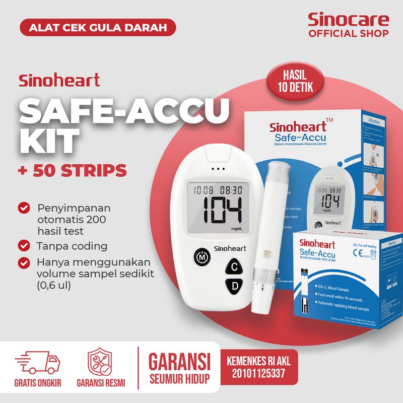 SAFE-ACCU Kit Alat Cek Gula Darah isi 50 Strip Sinoheart Sinocare ...
