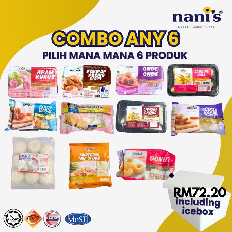 Combo Any 6 Kuih Frozen Food (Samosa Daging, Sardin Roll, Donut, Apam ...