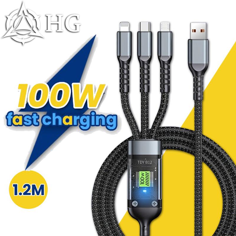 【1.2M】HG 3-in-1 100W Transparent Fast Charging Cable USB Type C Cable ...