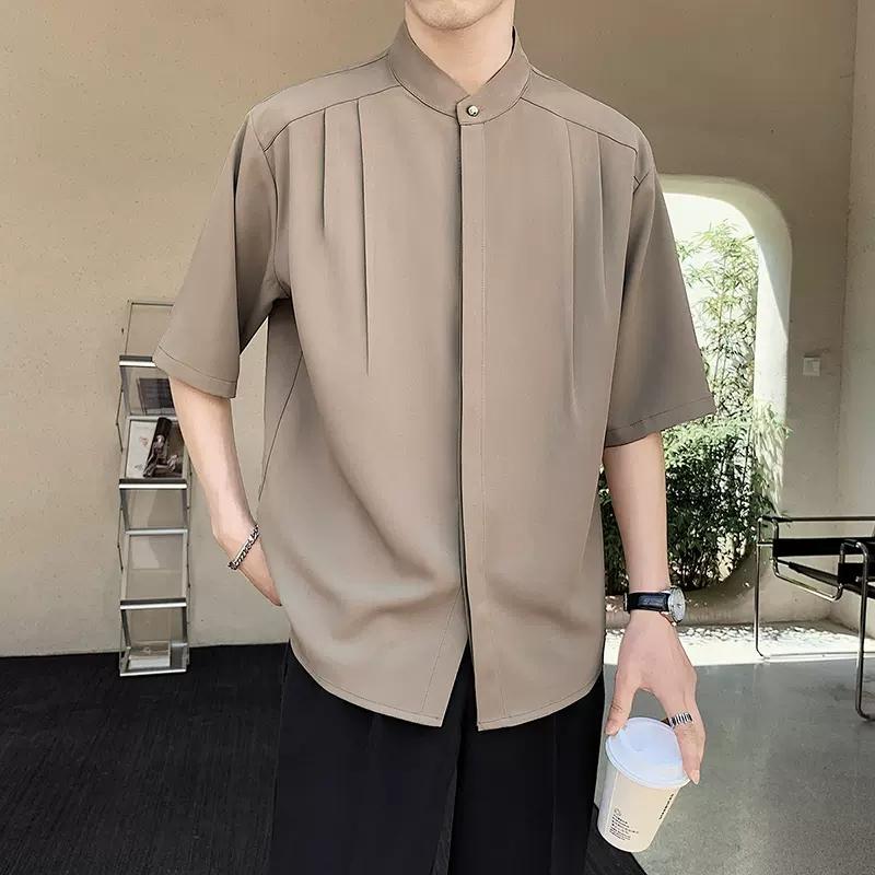 Kemeja lengan pendek lelaki, longgar, kasual, khaki, Korea, kolar ...