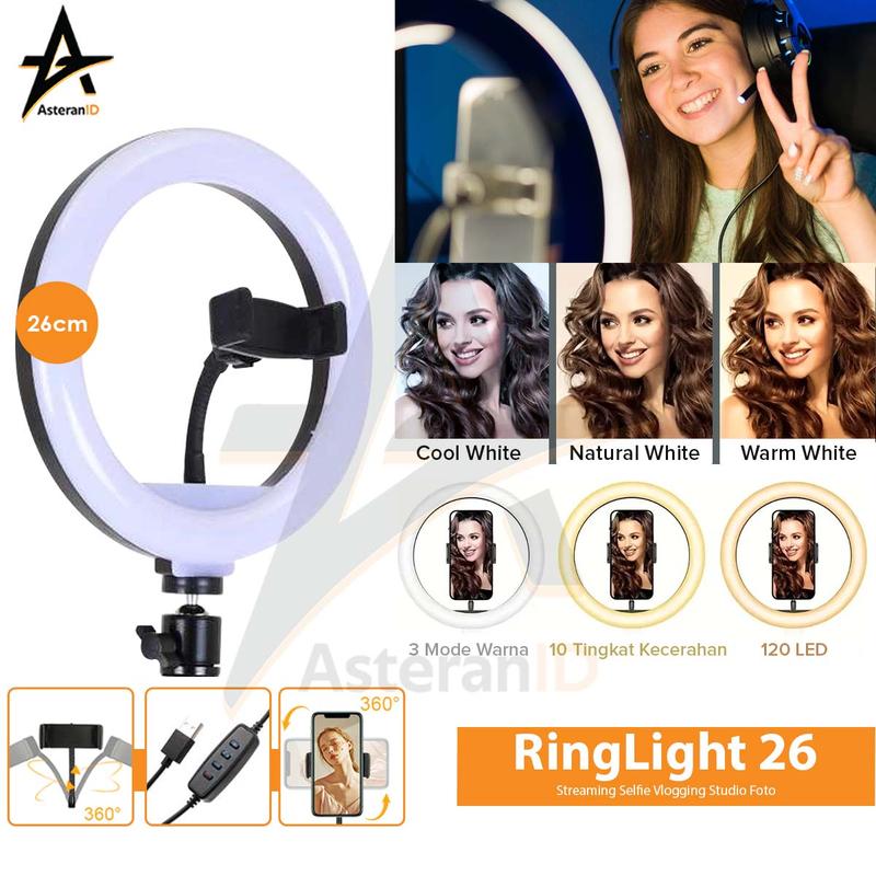 Ringlight 26 Streaming Selfie Vlogging Studio Foto Holder Panjang Tripod White - Shop | Tokopedia