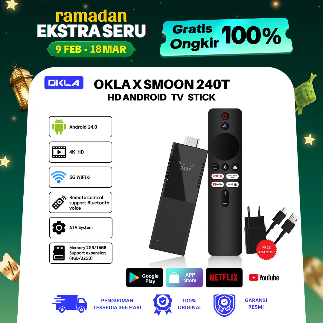 OKLA x SMOON 240T GOOGLE TV ANDROID 14.0 - FREE Adaptor Charger Type C ...
