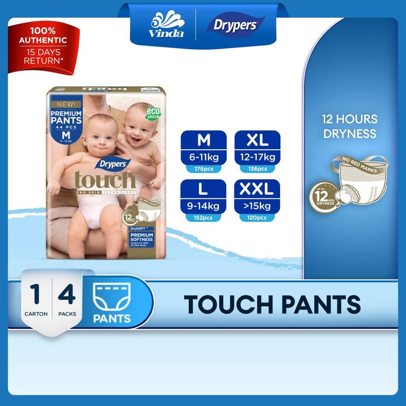 Drypers Touch Pants Baby Diapers M44/ L38/ XL34/ XXL 30 (4 Packs ...