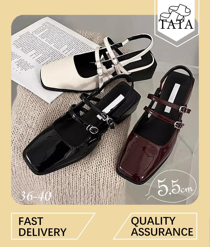 Tata French Retro Square Toe Thick-Heel Mary Jane Shoes Women's ...