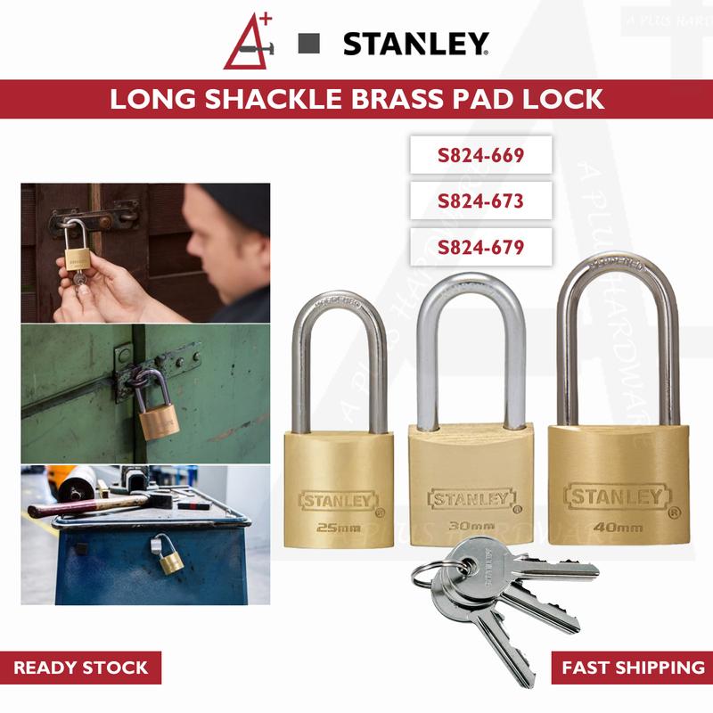 STANLEY 30mm Long Shackle Brass Pad Lock 3 Keys S824-673 Padlock ...