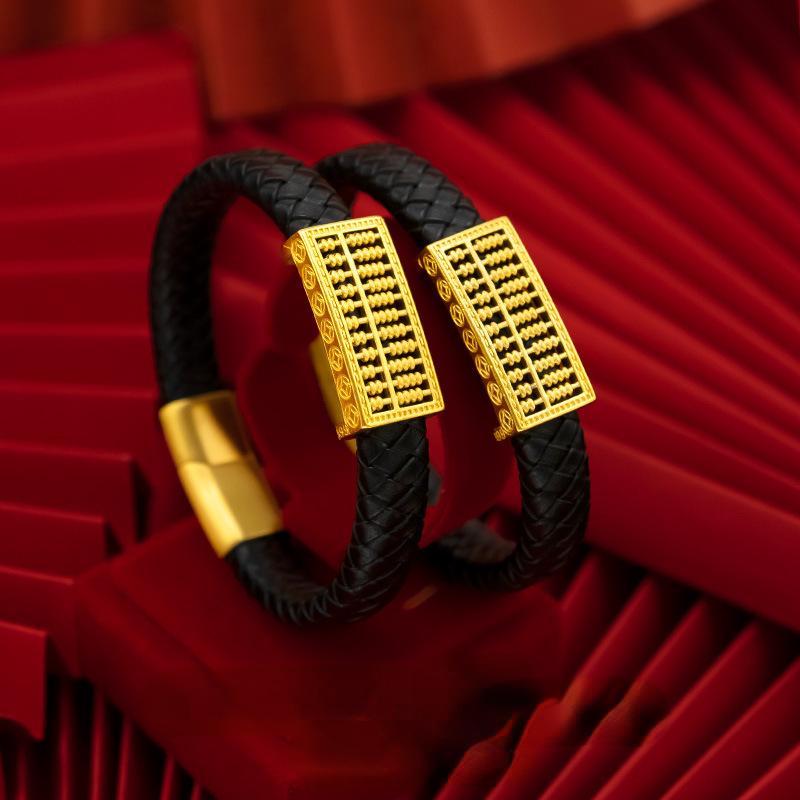 Men's Abacus Leather Rope Bracelet Brass gilding Abacus Bracelet ...