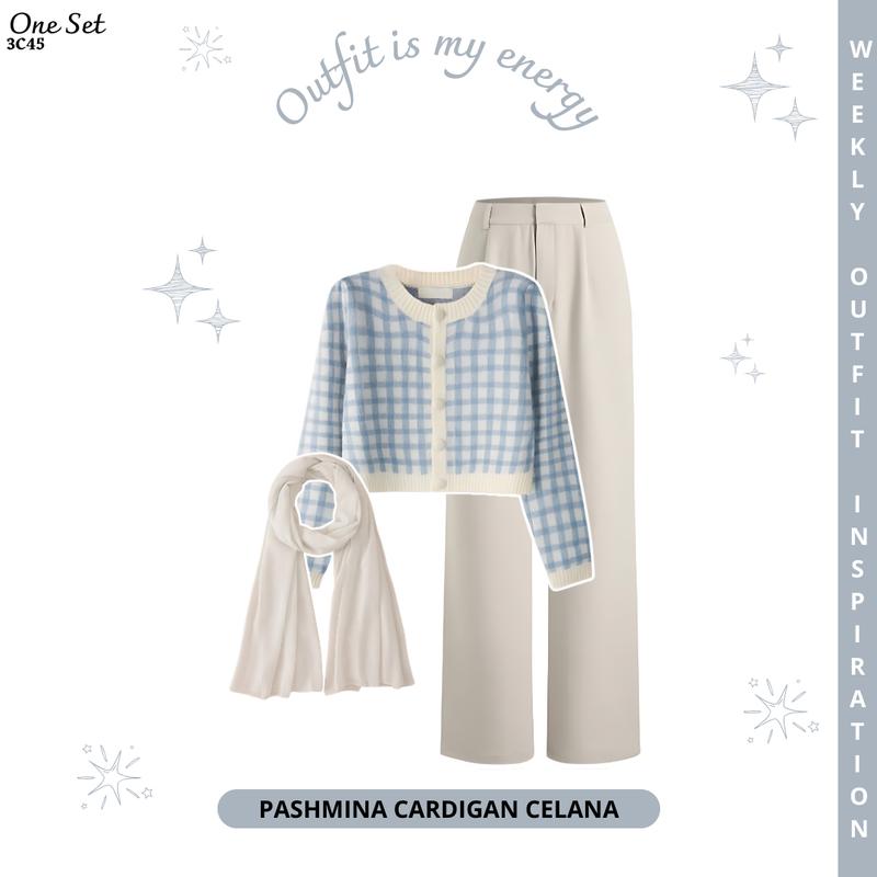 Outfit Hijab Style Cute 3in1 ( Atasan Cardigan Rajut Snow + Bawahan ...