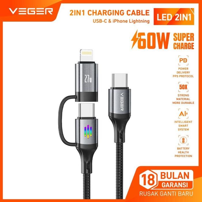 Promo VEGER Kabel Data Charger LED 2IN1 60W Type C to Type C ...