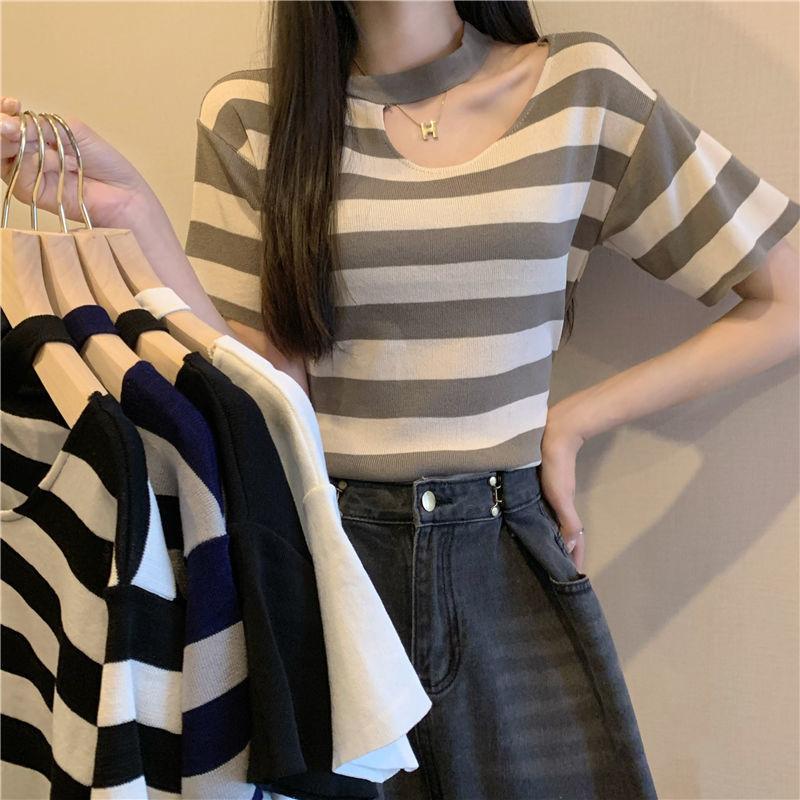 French Chic Niche Short Sleeve Striped Knit T-shirt Women's Pure ...