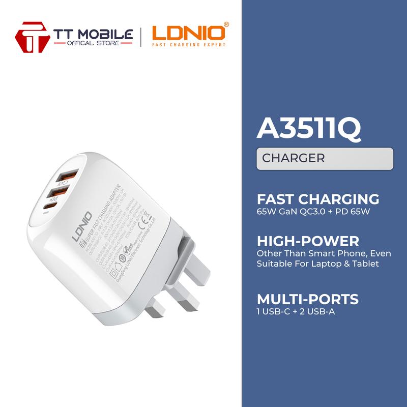 LDNIO A3511Q 65W GaN Super Fast Charging QC3.0 + PD 65W UK Charger ...