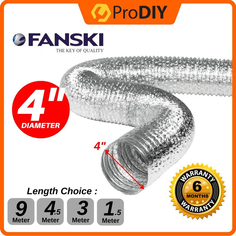 FANSKI 4" X 1.5M/3M/4.5M/9M Double Layer Aluminium Ducting Hose ...