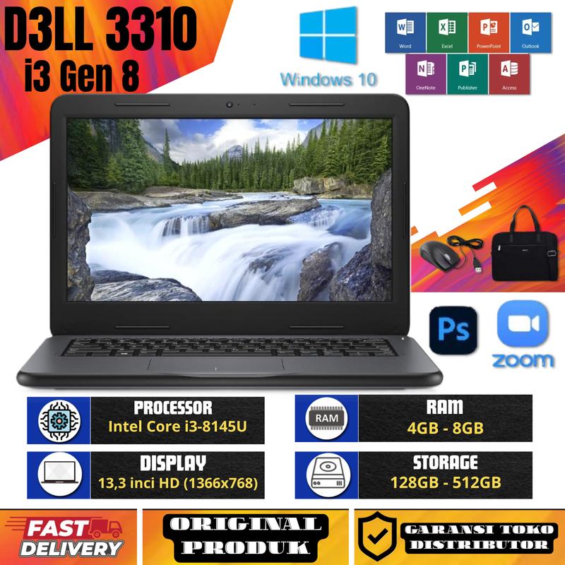 LAPTOP D3LL 3310 i3 Gen 8 13,3 inch RAM 8GB/512GB DAPAT TAS DAN MOUSE ...