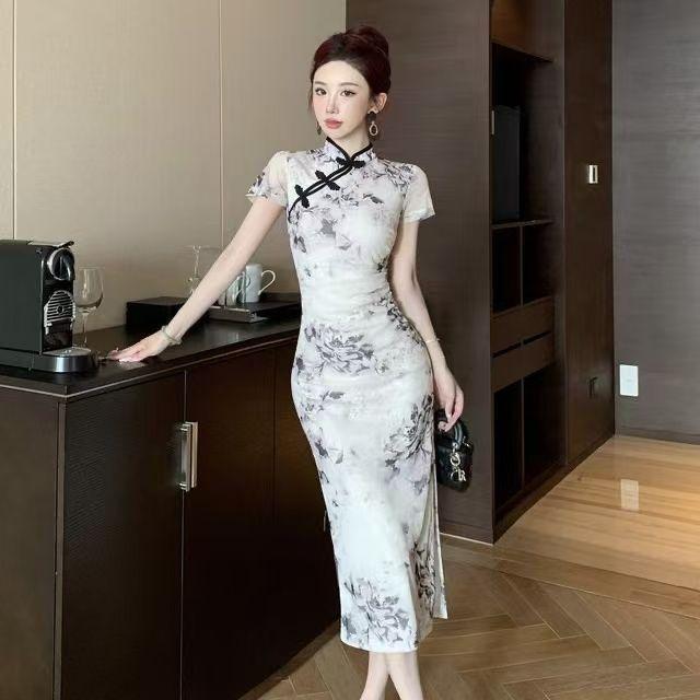Gaun Midi, Gaya Cina Retro, Corak Cheongsam Cina, Cetakan, Bodycon ...