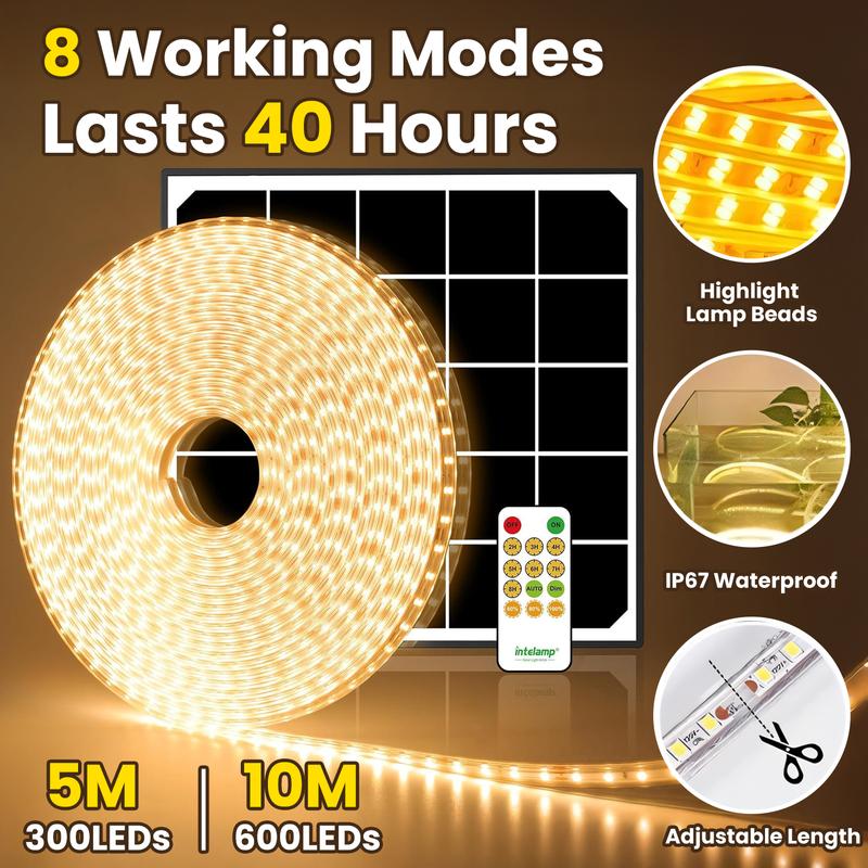 10M Solar Strip Light Outdoor Waterproof LED Light Strip Rechargeable ...
