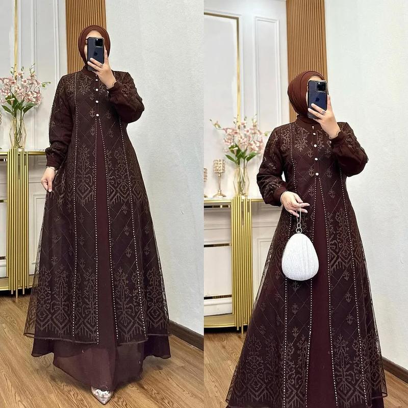 Denara Dress Mewah Wanita Ceruty Babydoll Mix Brukat Gamis Manik-manik ...