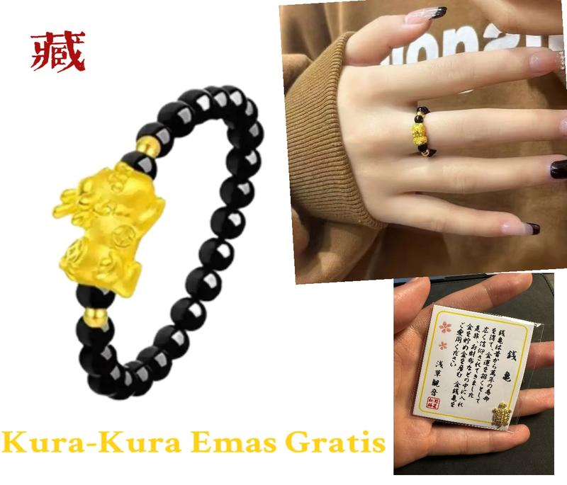 Cincin Mutiara Hitam Naga Pixiu, Warna Emas, dengan Kotak Hadiah ...