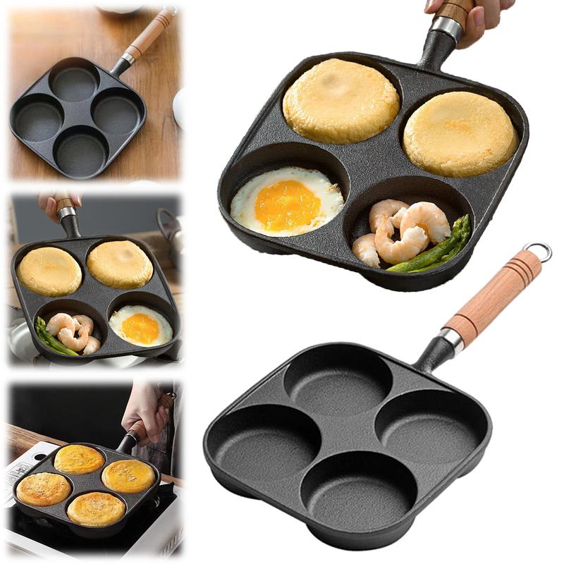 4-Hole Frying Pan Wooden Handle Non Stick Egg Frying Pan Hamburg ...