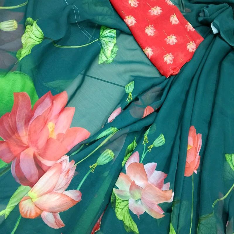 Saree Digital Bunga Chiffon Lembut & Halus dengan Bordir Tangan ...