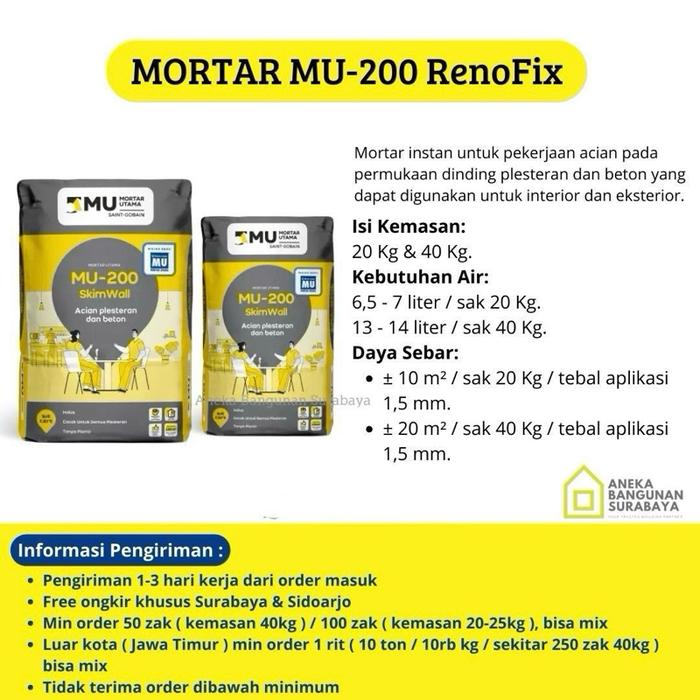 Jual MU 200 Mortar Utama MU200 semen acian abu plester skimwall - Zak ...