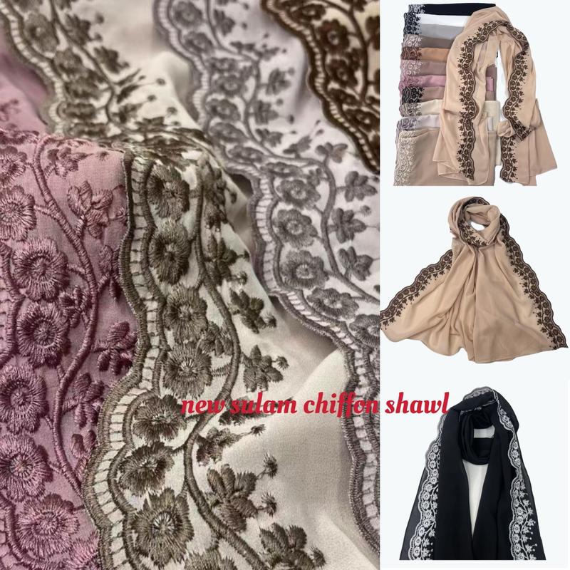 new sulam shawl bahu shawl embroideried hijab scarf Tudung Sifon ...