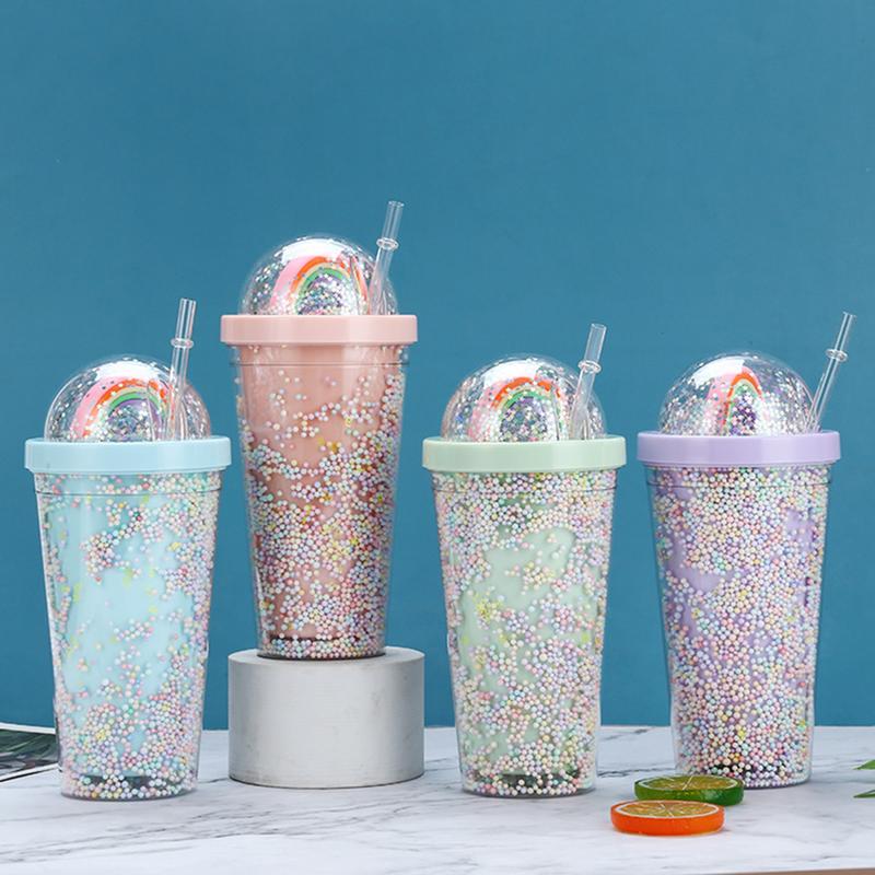 550ML Fashion Rainbow Plastic Cup Large Capacity Double Straw Cup ...