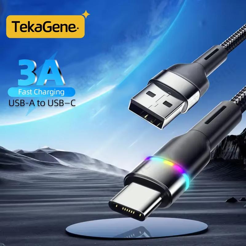 Kabel USB Jenis C, Cahaya RGB, 3A, USB A ke Jenis C, Kabel Pengecasan ...