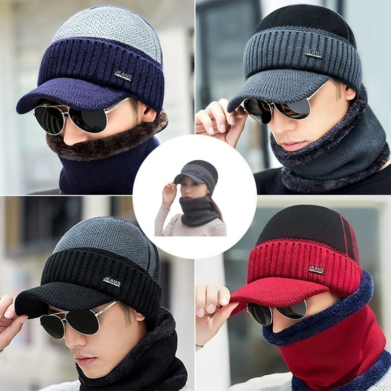 Winter Beanie Hat Scarf Set Knit Skull Cap with Visor Fleece - TikTok ...