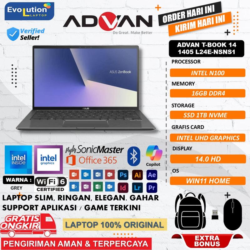 LAPTOP ADVAN T-BOOK 14 1405 L24E-NSNS1 INTEL N100 8GB 128GB EMMC 14.0 ...