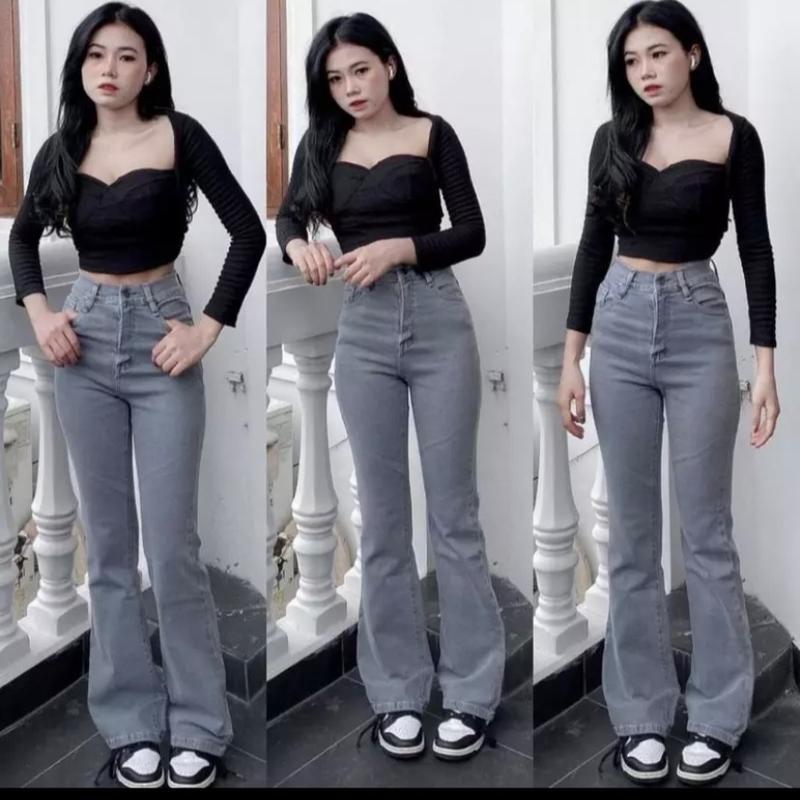 Highwaist Cutbray Jeans Wanita Celana Panjang Denim Premium Hitam ...