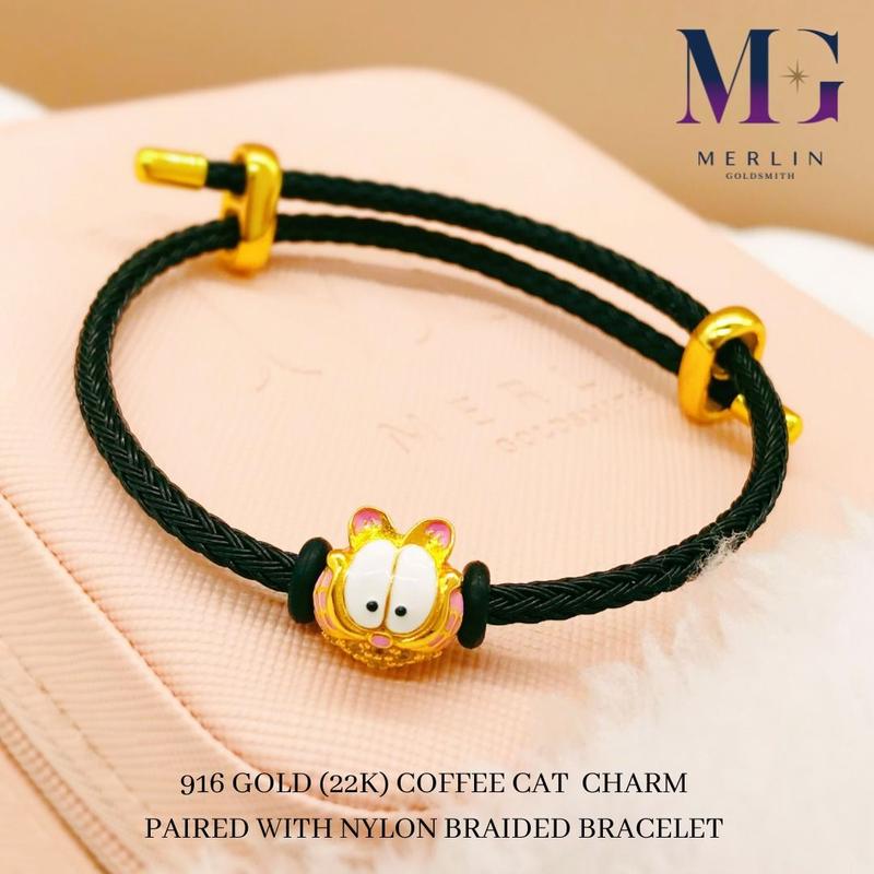 Merlin Goldsmith 916 22k Gold Coffee Cat Charm With Nylon Braided ...