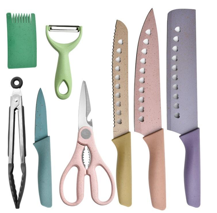 Eight-piece set of wheat straw knives, hollow style kitchen stainless ...