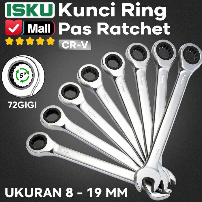 Promo ISKU Kunci Pas Ring Ratchet Set 8-19mm CR-V 72 Gigi Gear Wrench ...