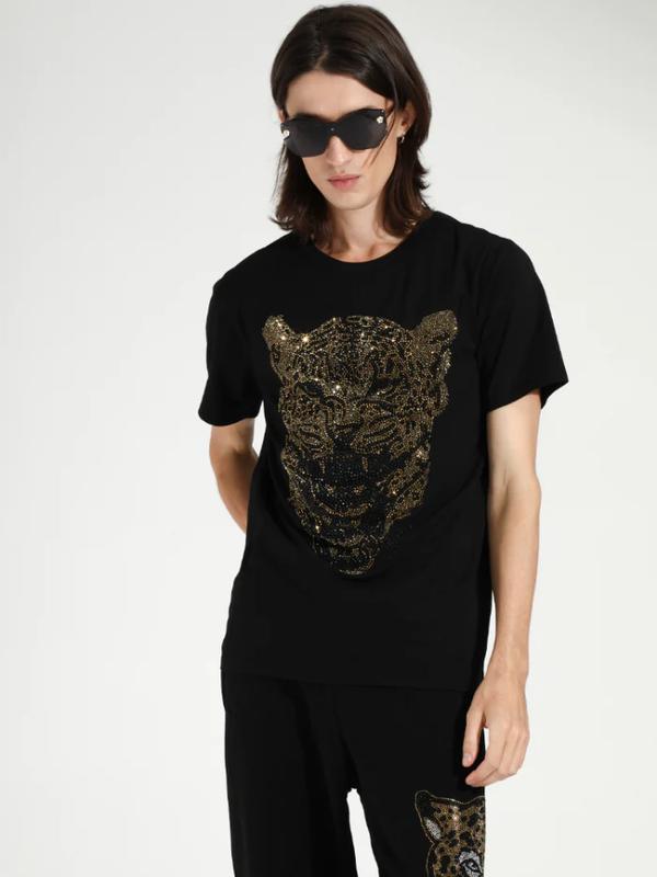 TCH LEOPARD PRINTED DIAMOND-EMBEDDED BLACK T-SHIRT - TikTok Shop Singapore