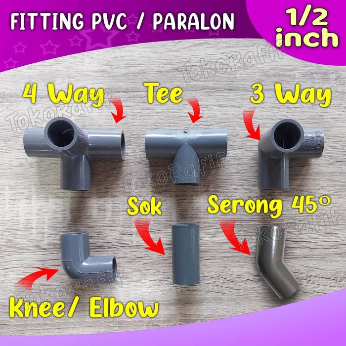 Jual Fitting Pipa PVC Ukuran 1/2 Inch , 3 Way, 4 Way, Knee, Tee Abu-Abu ...