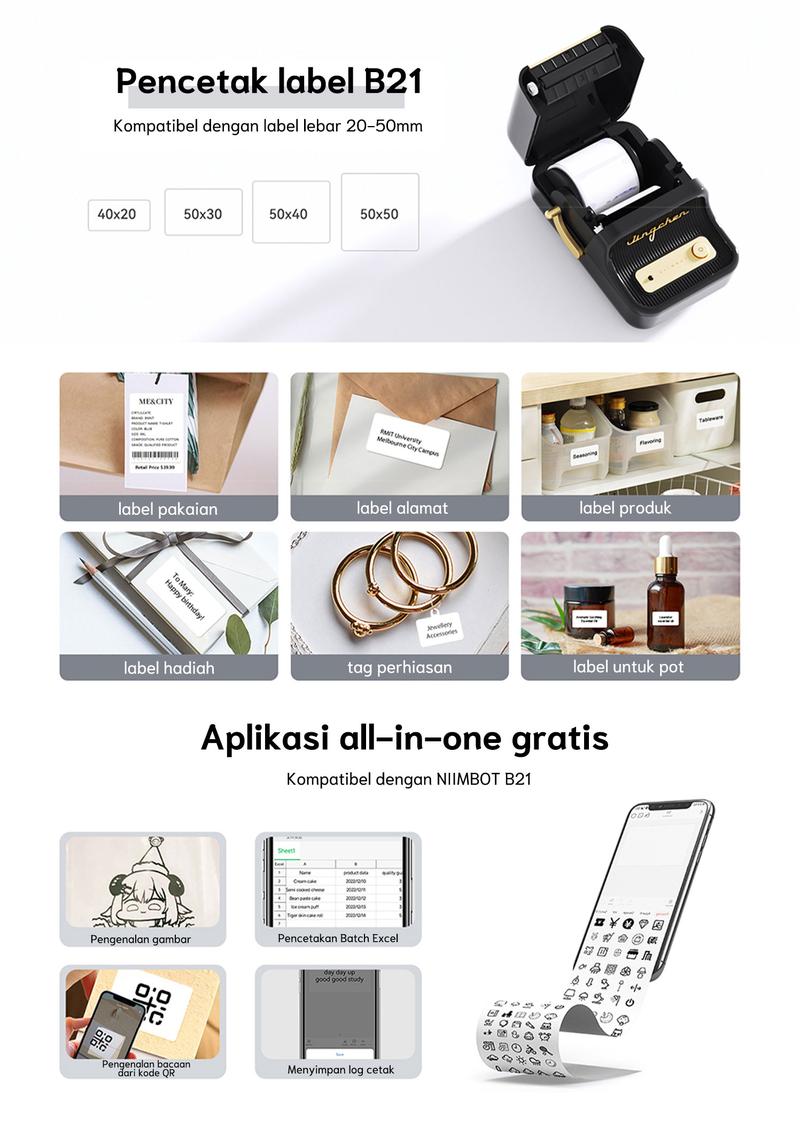 NIIMBOT B21 Mesin Label Pintar, Printer Label Bluetooth Tanpa Tinta ...