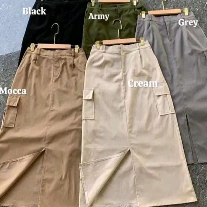 Rok cargo belah skrit Korean/rok cargo Twill belah tengah bawahan ...