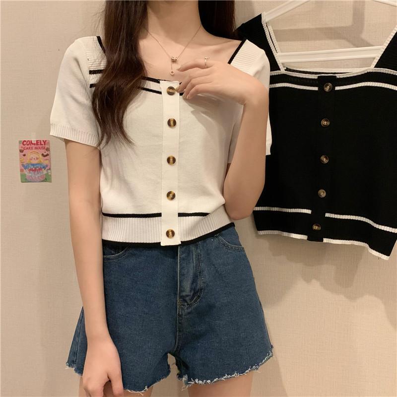 Summer new square neck backless short sleeve slim fit short base ...