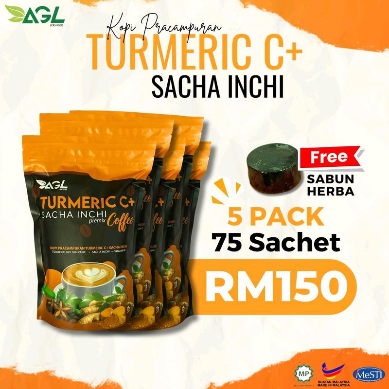 5 pack Kopi Turmeric C + Sacha Inchi (Gerd, Gastrik, Sakit sendi ...
