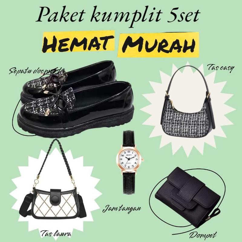 Paket kumplit hemat 5 set sepatu docmart loafers wanita/jam/tas/dompet ...