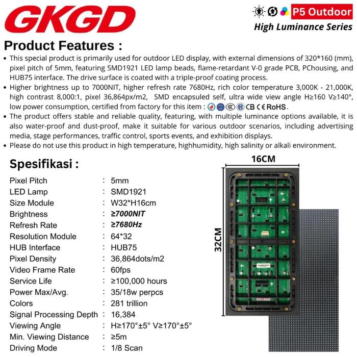 Jual MODUL VIDEOTRON P5 OUTDOOR GKGD HIGH SERIES 7000NIT 7680HZ COCOK ...