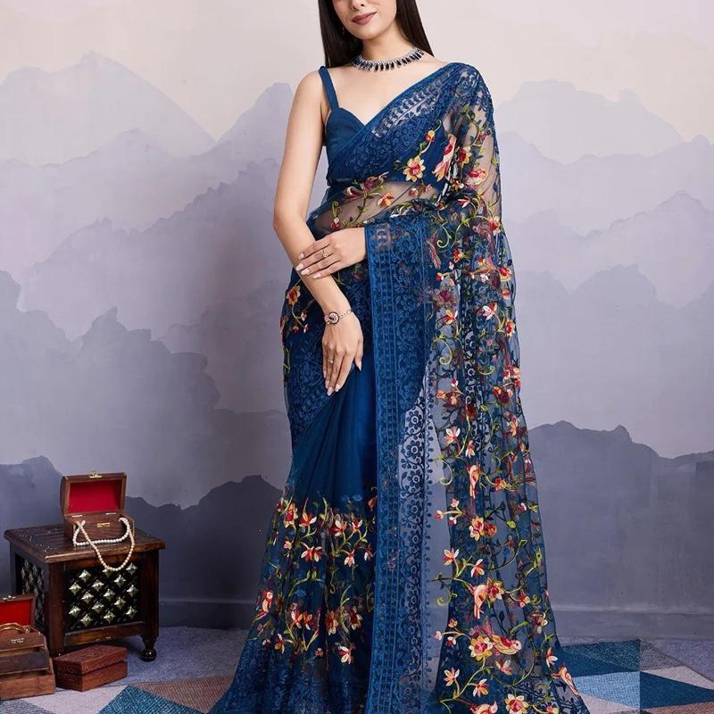 Fancy Net Saree with Heavy and Colourful Embroidery Work(Saree - TikTok ...