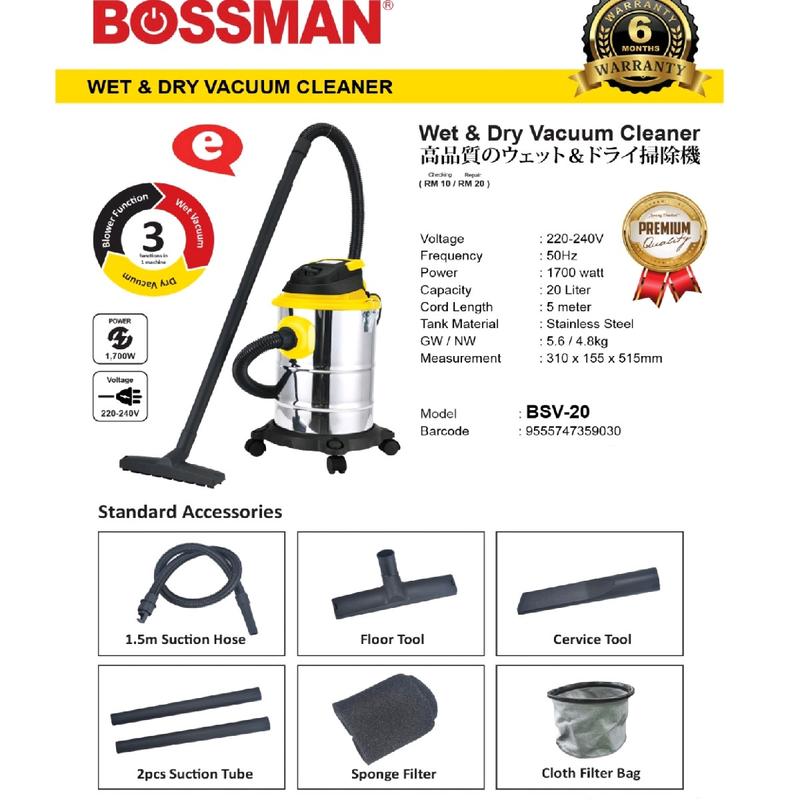 ~ BOSSMAN BSV-20 1500w Stainless steel industrial Wet & Dry Heavy ...